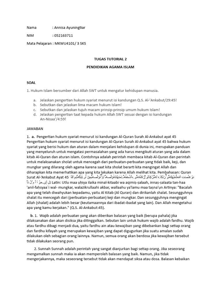Tugas Tutorial 2 Pendidikan Agama - Annisa Ayuningtiar - 052163711 | PDF