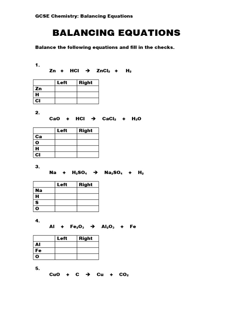 Igcse Chemistry Balancing Equations Worksheet | PDF
