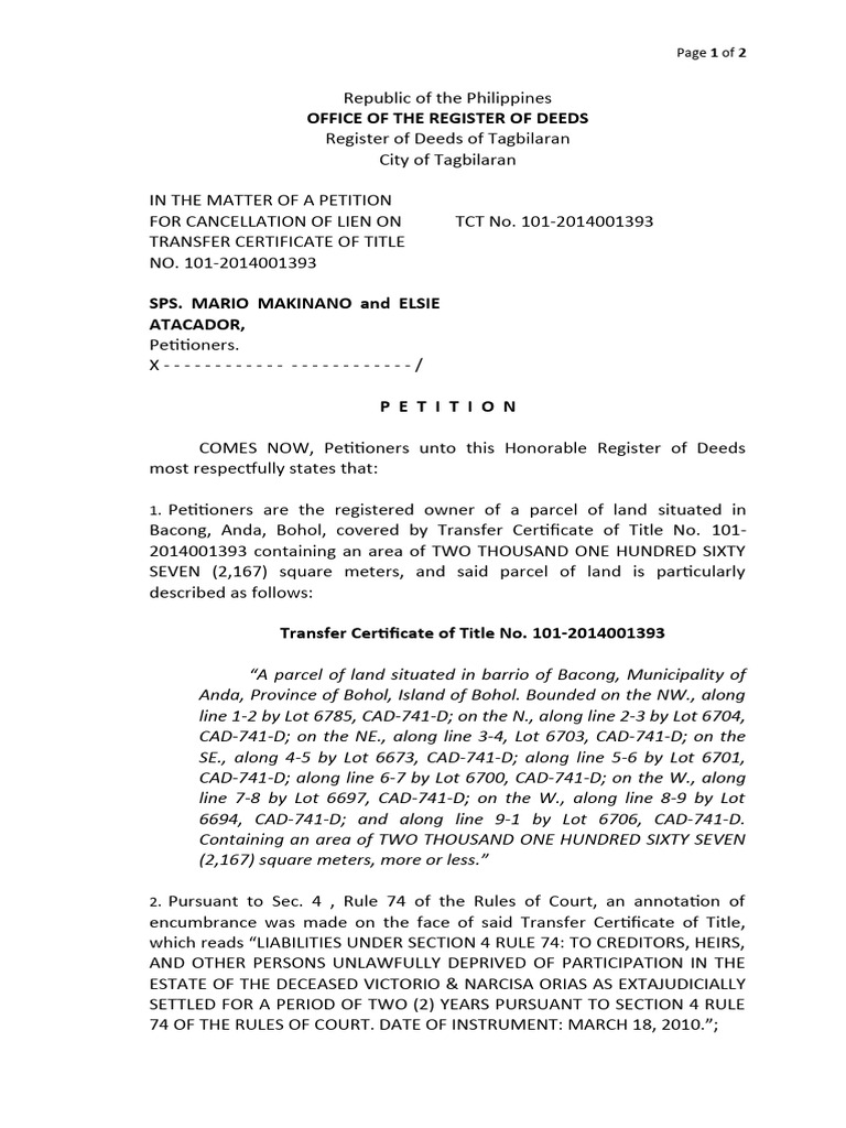 Petition For Cancellation - ROD Makinano | PDF | Justice | Crime & Violence