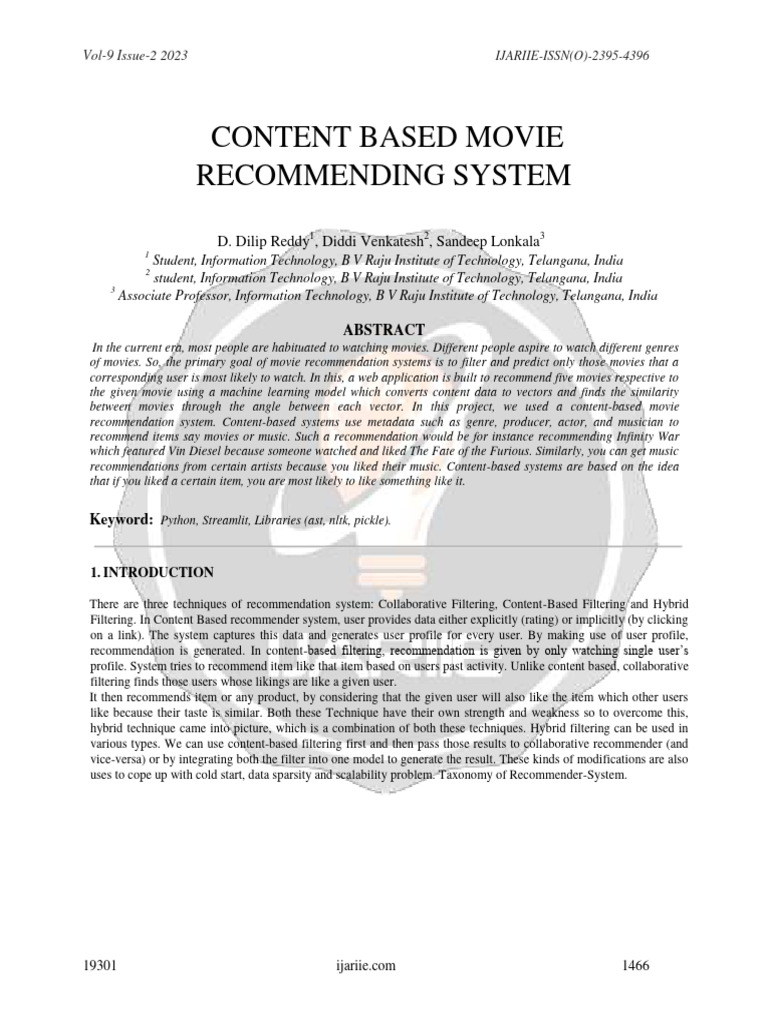 CONTENT BASED MOVIE RECOMMENDING SYSTEM Ijariie19301 PDF | PDF ...