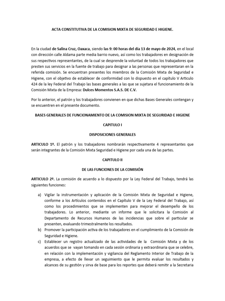 Acta Constitutiva de La Comision Mixta de Seguridad e Higiene | PDF | Gobierno