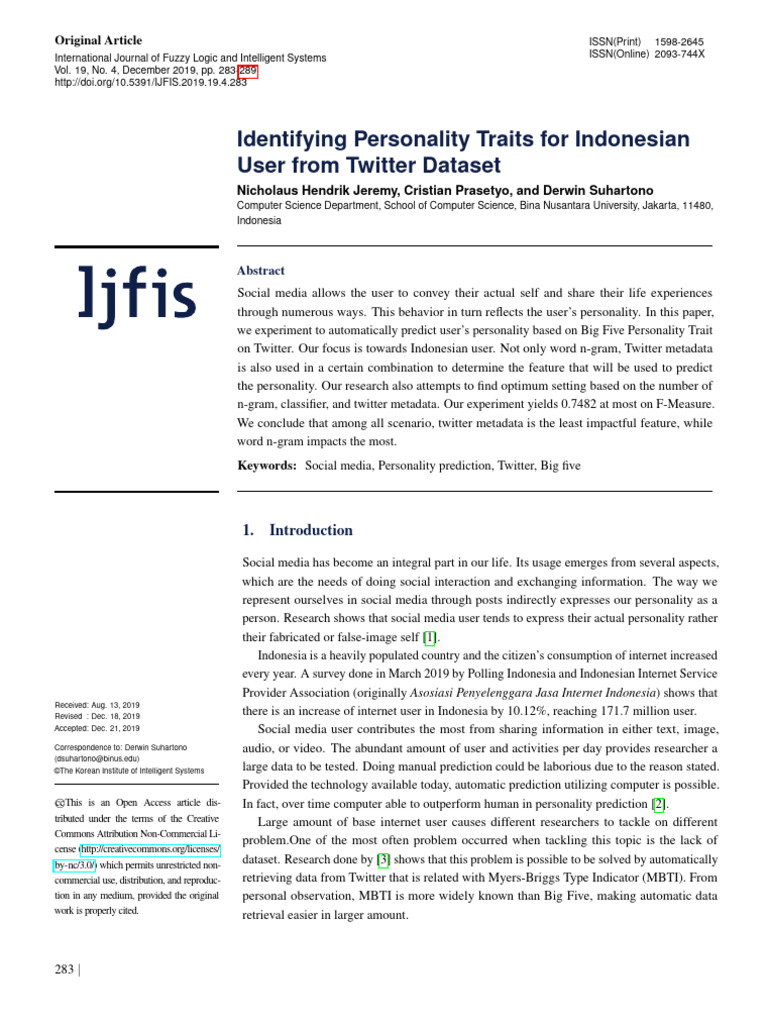 Identifying Personality Traits For Indonesian User From Twitter Dataset | PDF | Social Media ...