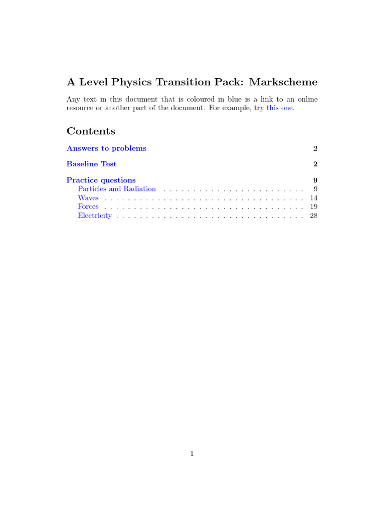 A-Level Physics Transition Booklet Markscheme | PDF | Force | Momentum