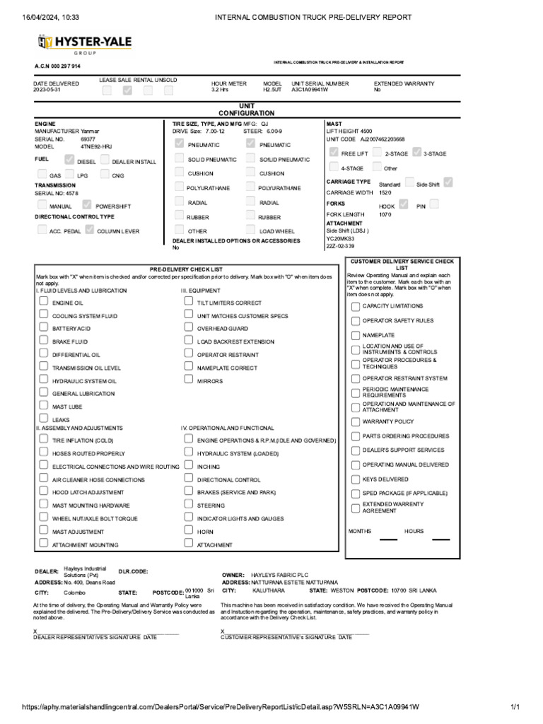 Internal Combustion Truck Pre-Delivery Report | PDF