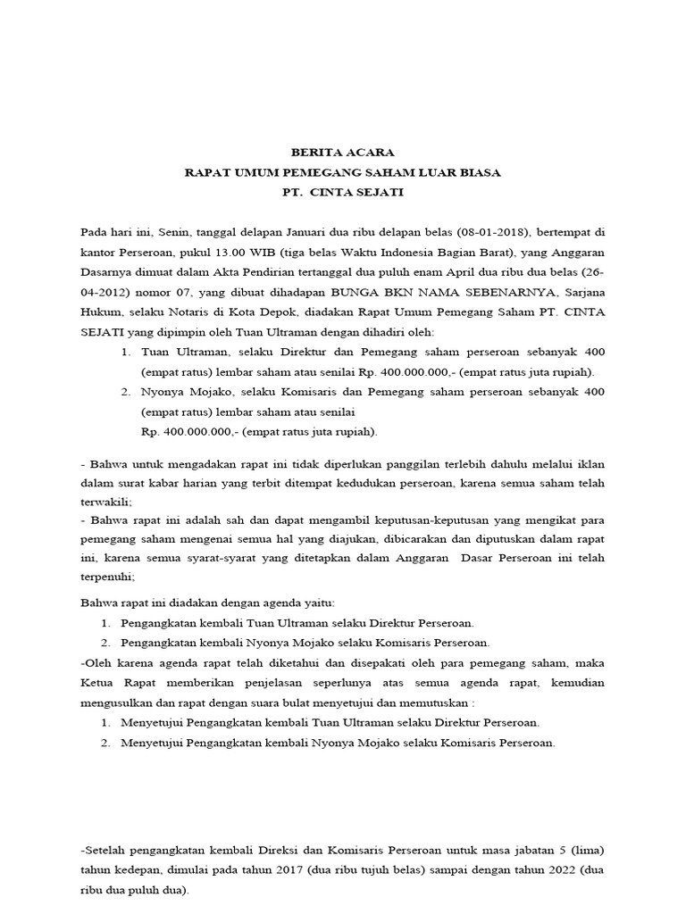 Contoh Berita Acara Rups (Rapat Pemegang Saham) PT - Cinta Sejati | PDF