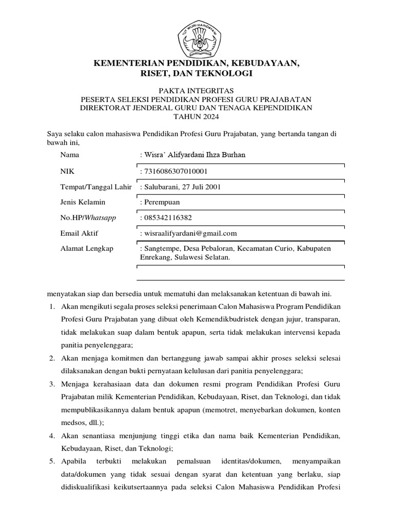 STAMP 20240404 PaktaIntegritasSeleksiPPGPrajabatan2024 | PDF