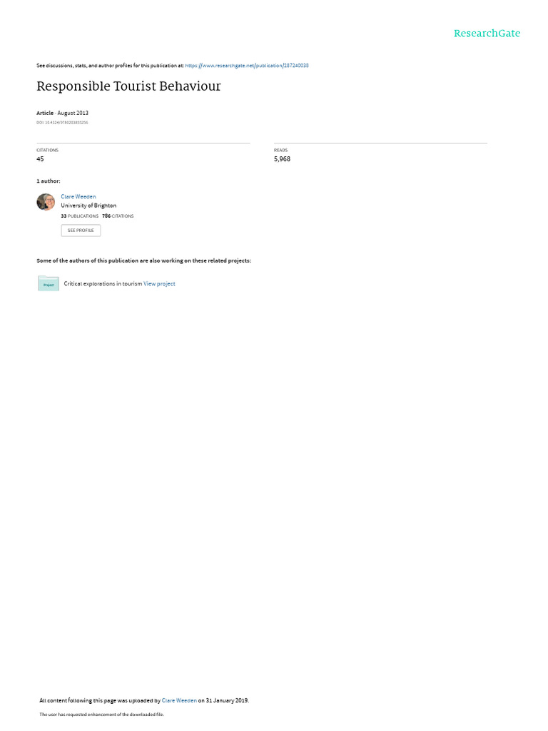 Clare Weeden.2014.Responsible Tourist Behaviour | PDF | Tourism | Behavior