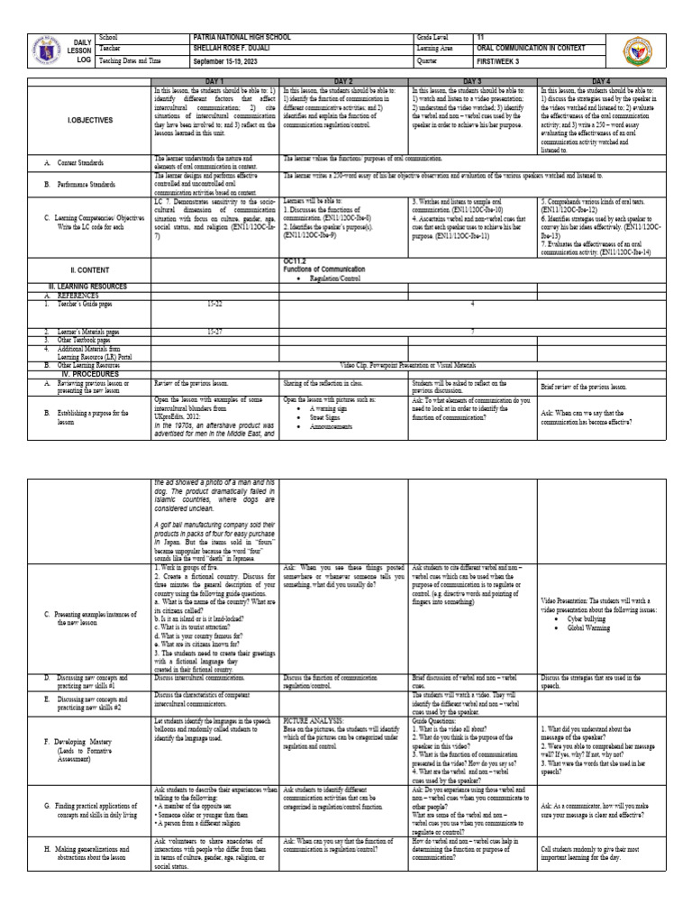 DLL in Oral Communication Week 3 | PDF | Communication | Learning
