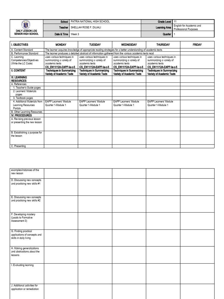 DAILY LESSON LOG in EAPP | Download Free PDF | Learning | Teachers