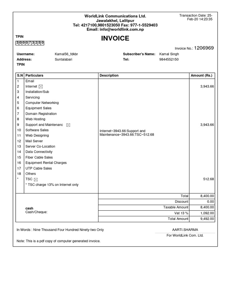 Invoice: Worldlink Communications Ltd. Jawalakhel, Lalitpur Tel ...
