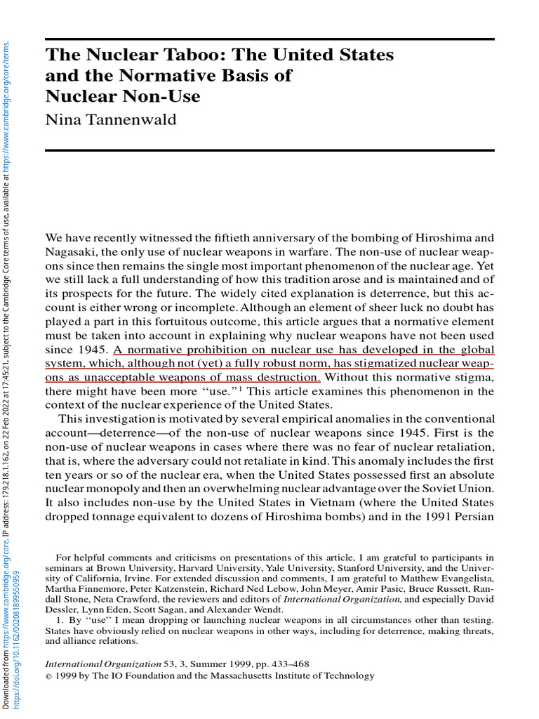 Tannewald (1999) - The Nuclear Taboo | PDF | Deterrence Theory | Crime & Violence