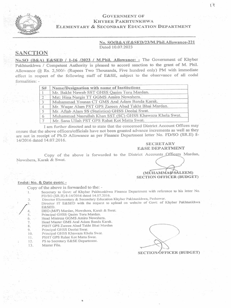 Notification For M.Phil PH.D Allowance For ESE Officials W.E.F 10 11 12 ...
