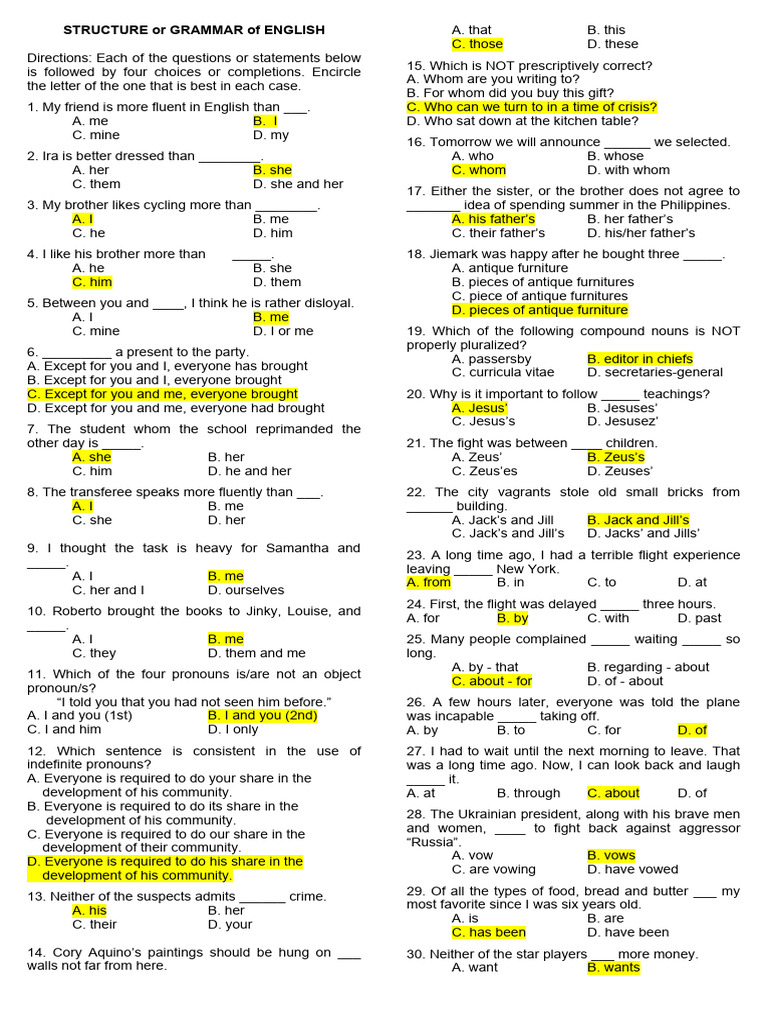 English Grammar and Structure Exercises | PDF | Semantics | Languages