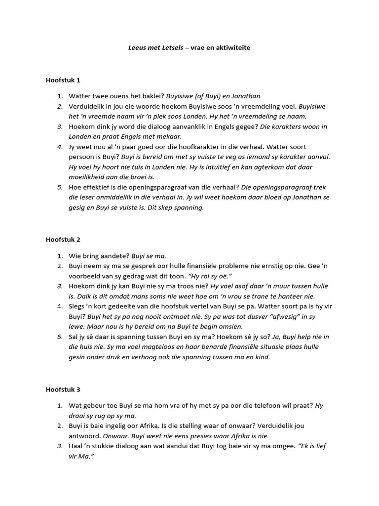 Leeus Met Letsels Vrae en Aktiwiteite Vollengte Boek 1 | PDF