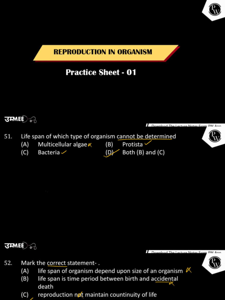 Reproduction in Organisms - Practice Sheet Solution | PDF