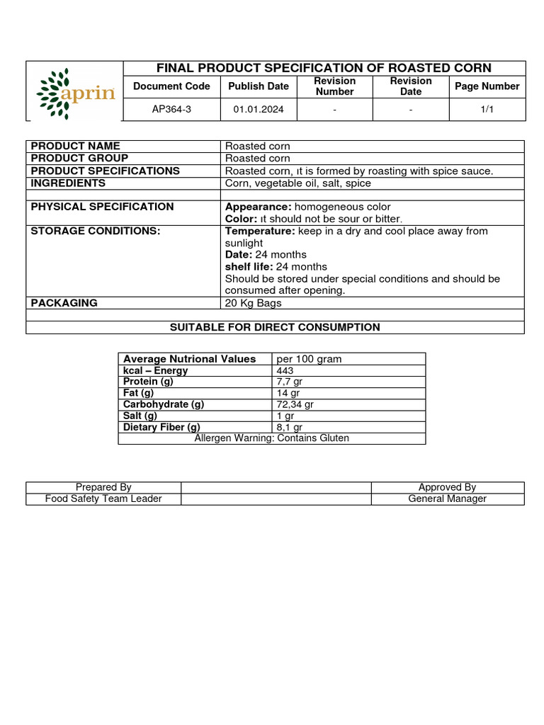 Final Product Specification of Roasted Corn | PDF