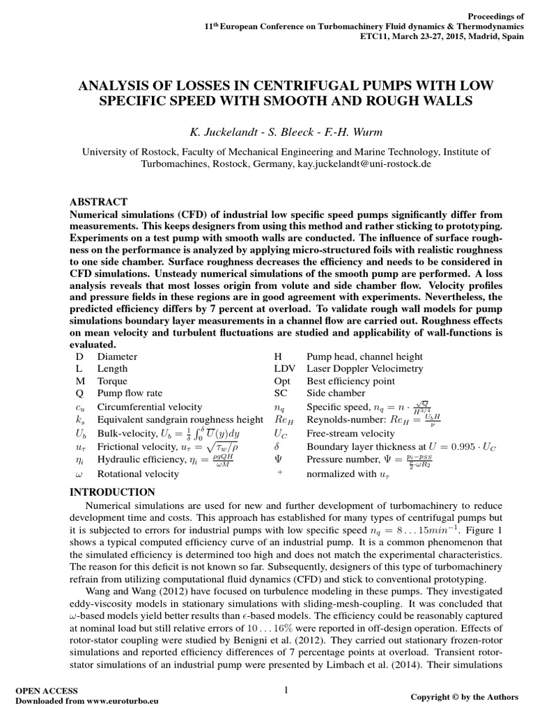 Analysis of Losses in Centrifugal Pumps With Low Specific Speed With Smooth and Rough Walls ...