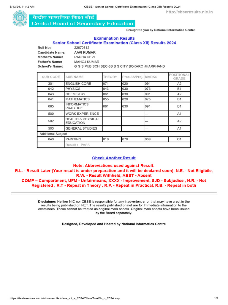 CBSE - Senior School Certificate Examination (Class XII) Results 2024 ...