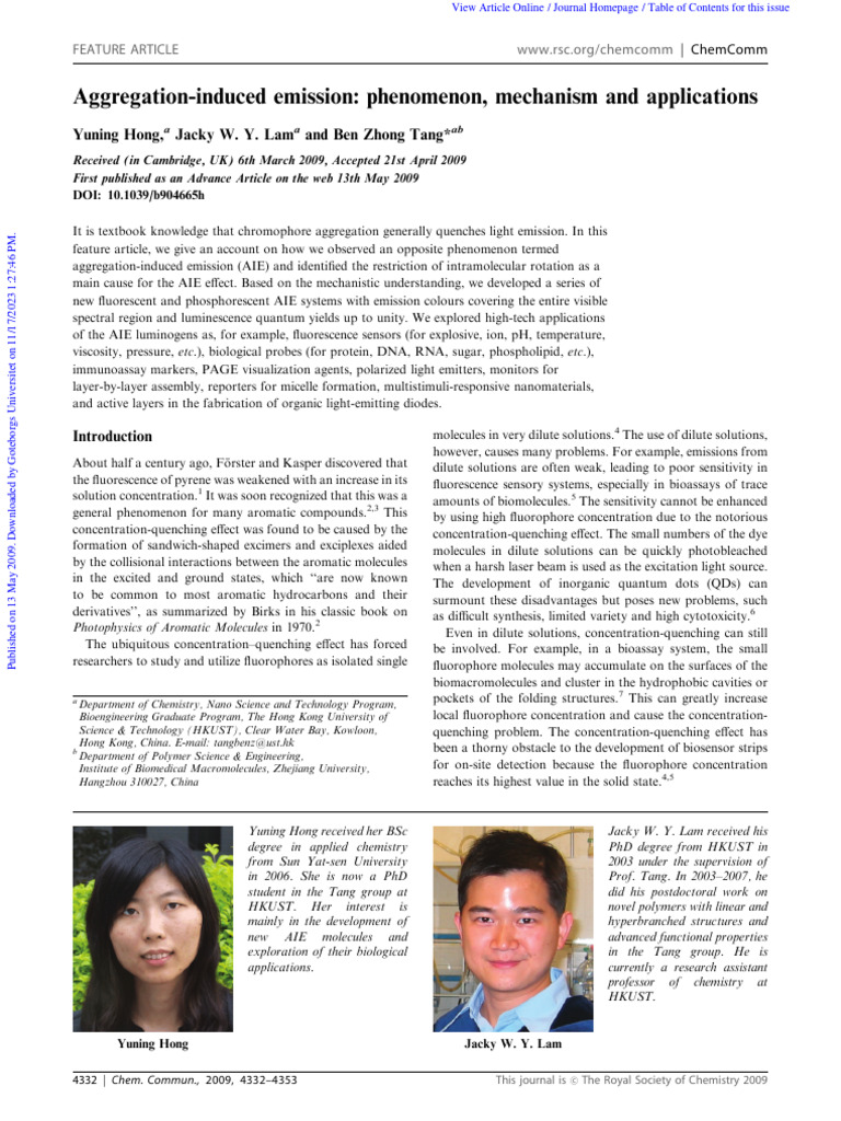 Aggregation-Induced Emission: Phenomenon, Mechanism and Applications ...