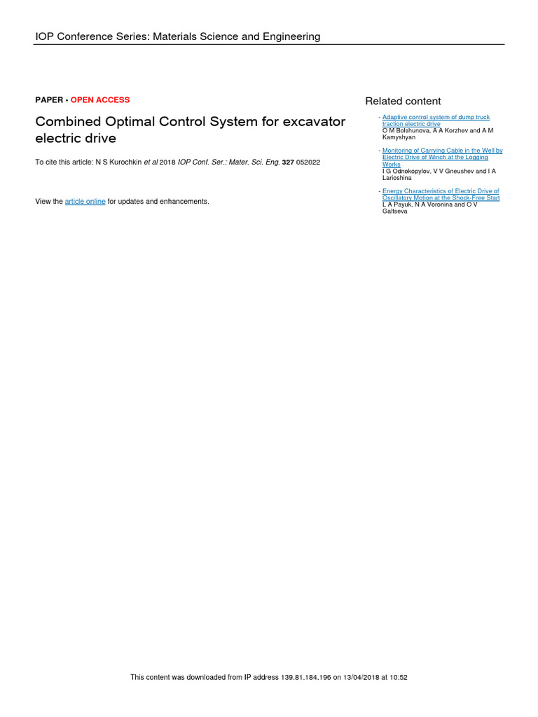 Combined Optimal Control System For Excavator Elec | PDF | Mathematical ...
