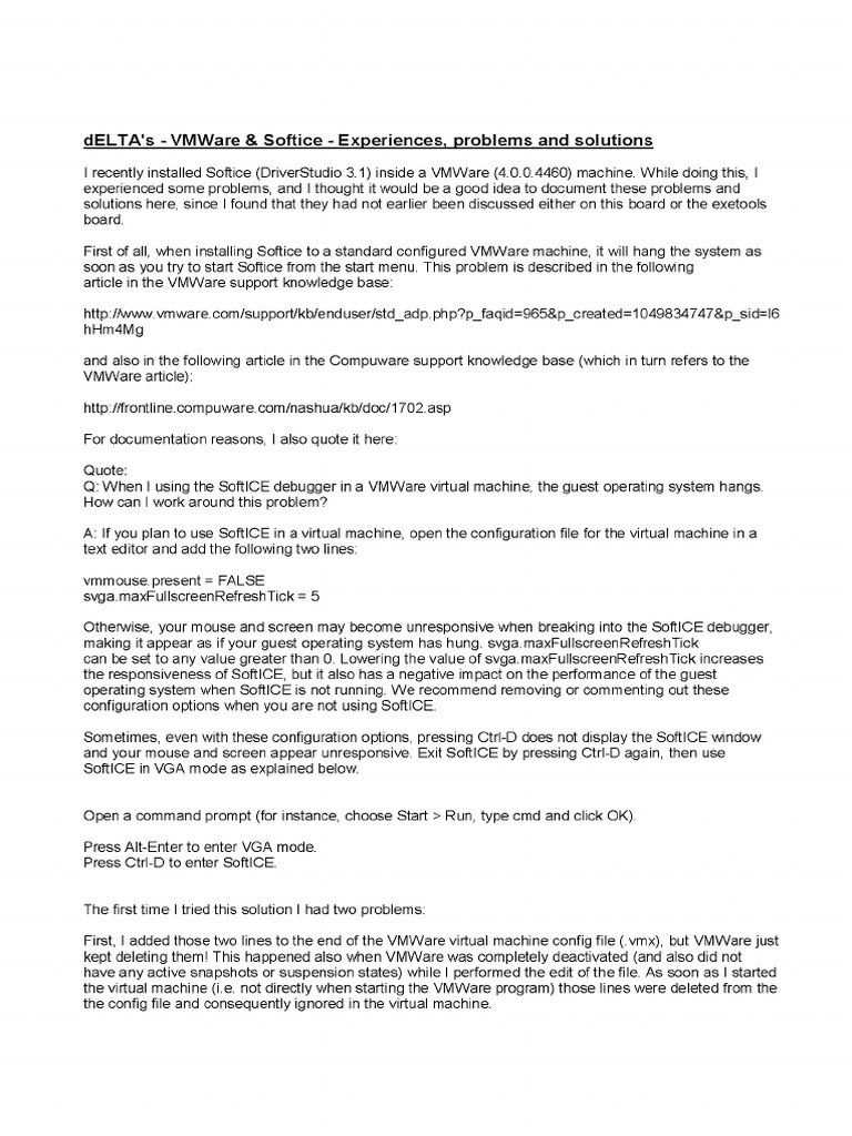 VMWare & Softice - Experiences, Problems and Solutions | PDF