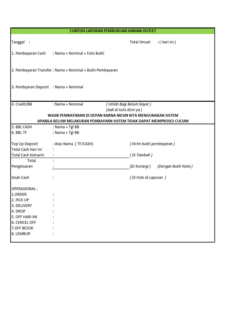Contoh Laporan Pembukuan Harian Outlet | PDF