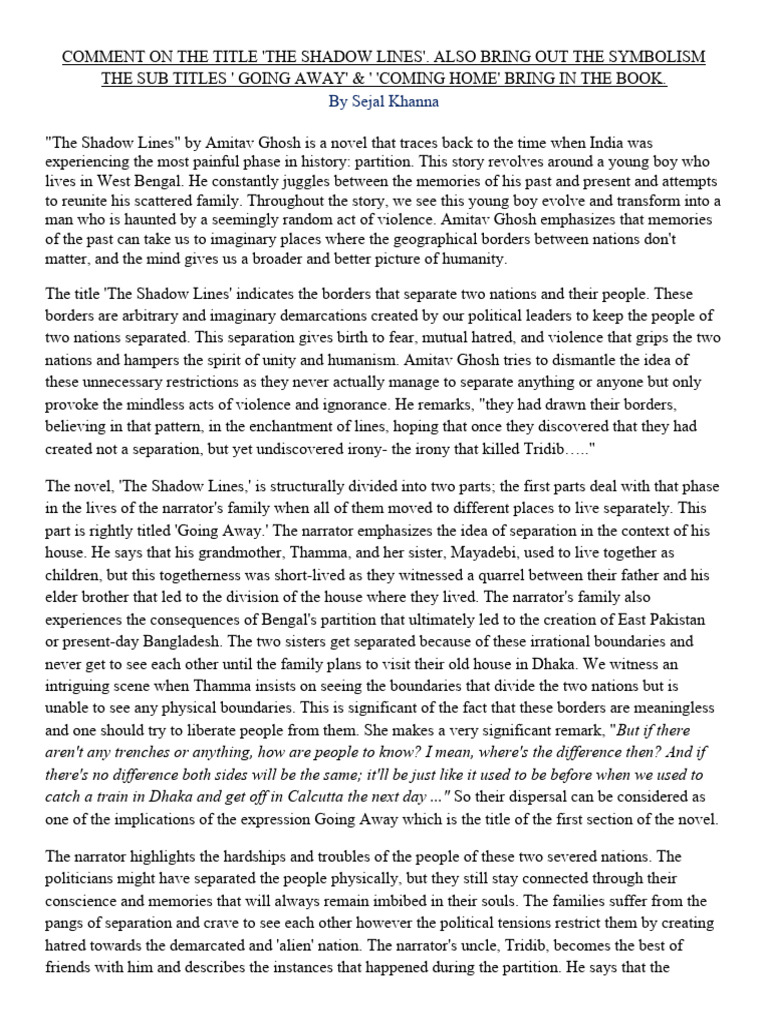 Significance of The Title The Shadow Lines - Edited | PDF