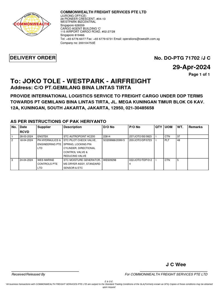 Commonwealth Freight Delivery Order | PDF | Freight Transport