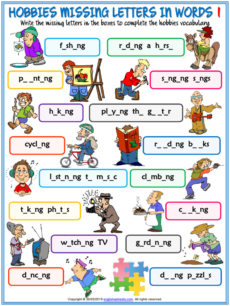 Hobbies Vocabulary Esl Missing Letters in Words Worksheets for Kids ...