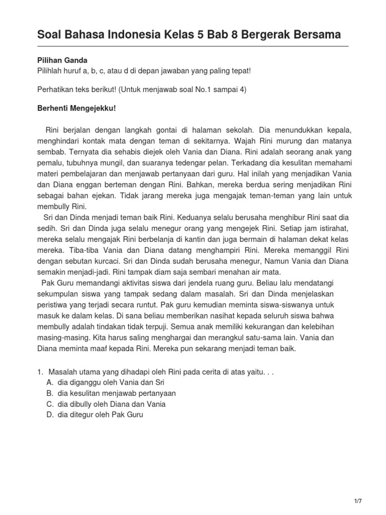 Soal Bahasa Indonesia Kelas 5 Bab 8 Bergerak Bersama | PDF