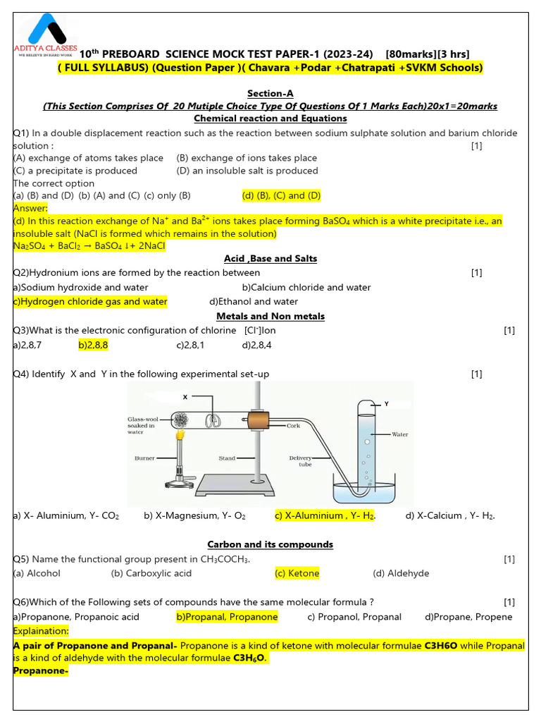10th CBSE PREBOARD SCIENCE PAPER-1 (ANSWER KEY (23-24) | PDF | Ph | Alkene