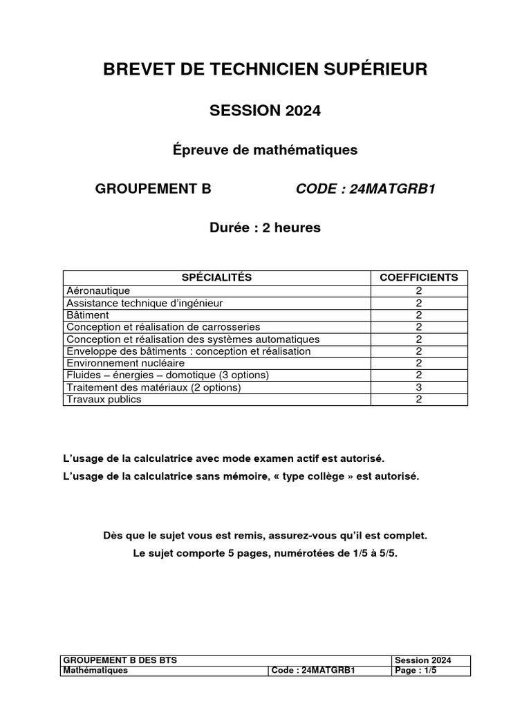 BTS Mathématiques Groupe B1 | PDF | Limite (mathématiques) | Fonction (Mathématiques)