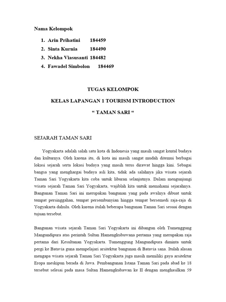 Tugas Kelompok Kelas Lapangan 1 Tourism Introducti | PDF | Seni