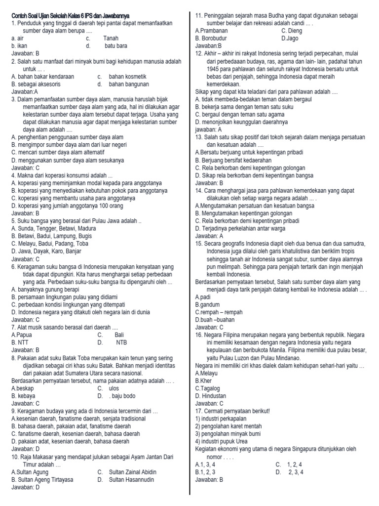 Contoh Soal Ujian Sekolah Kelas 6 IPS Dan Jawabannya | PDF