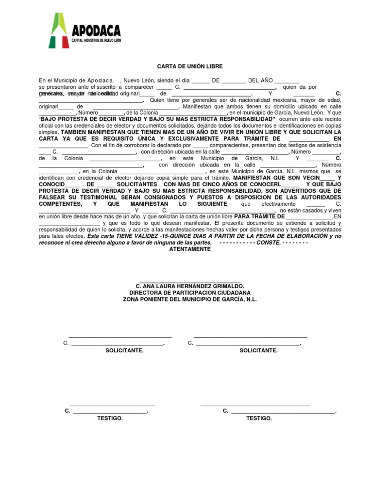 Carta de Union Libre Formato Actualizado Zona Poniente 2023 | PDF