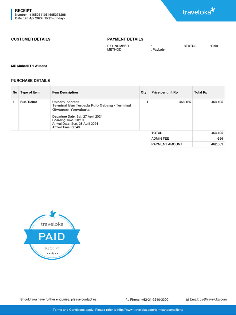 Bus Ticket Purchase Receipt Details | PDF