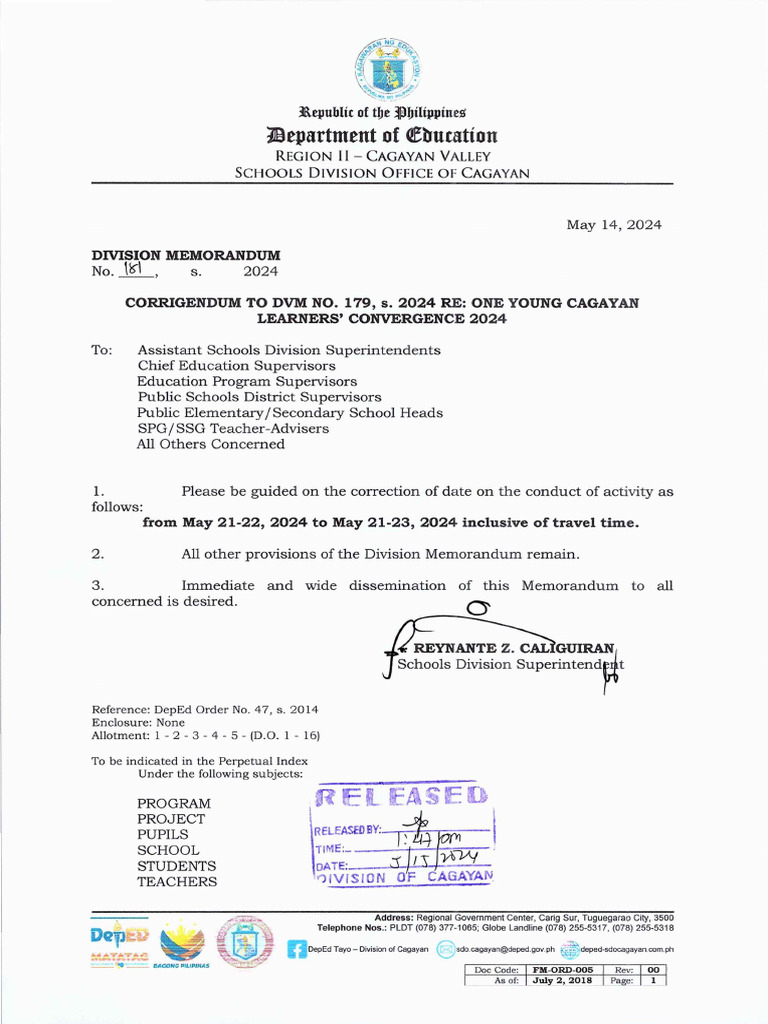 DVM No. 181 S. 2024 Corrigendum To DVM No. 179 S. 2024 Re One Young Cagayan Learners ...