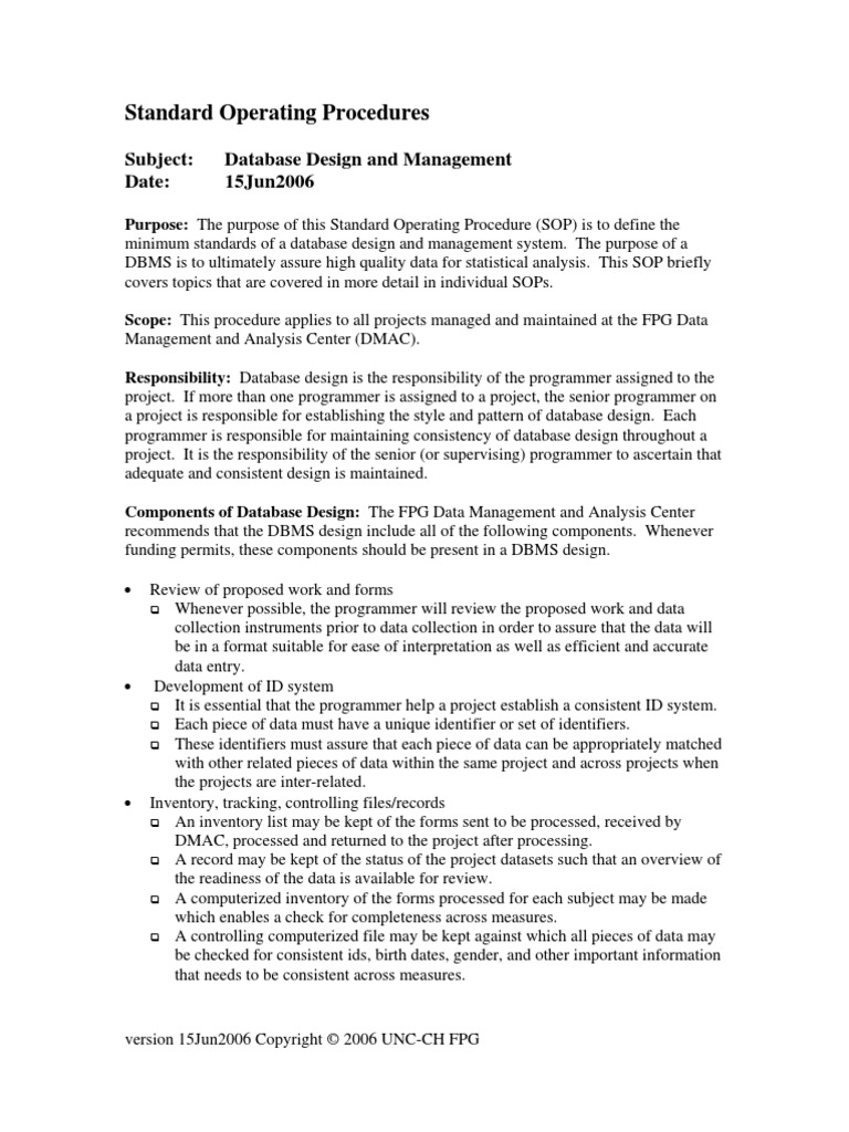 Standard Operating Procedures: Subject: Database Design and Management ...