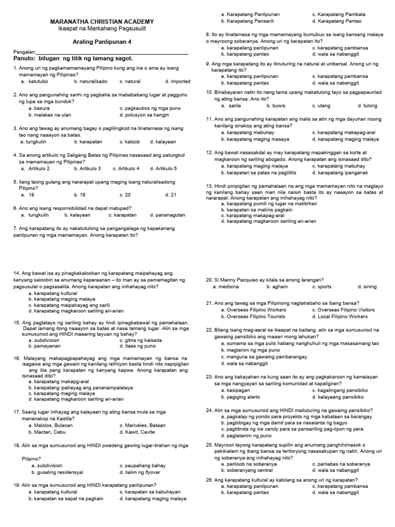 AP4 4th Quarter Exam SY2017 2018 | PDF