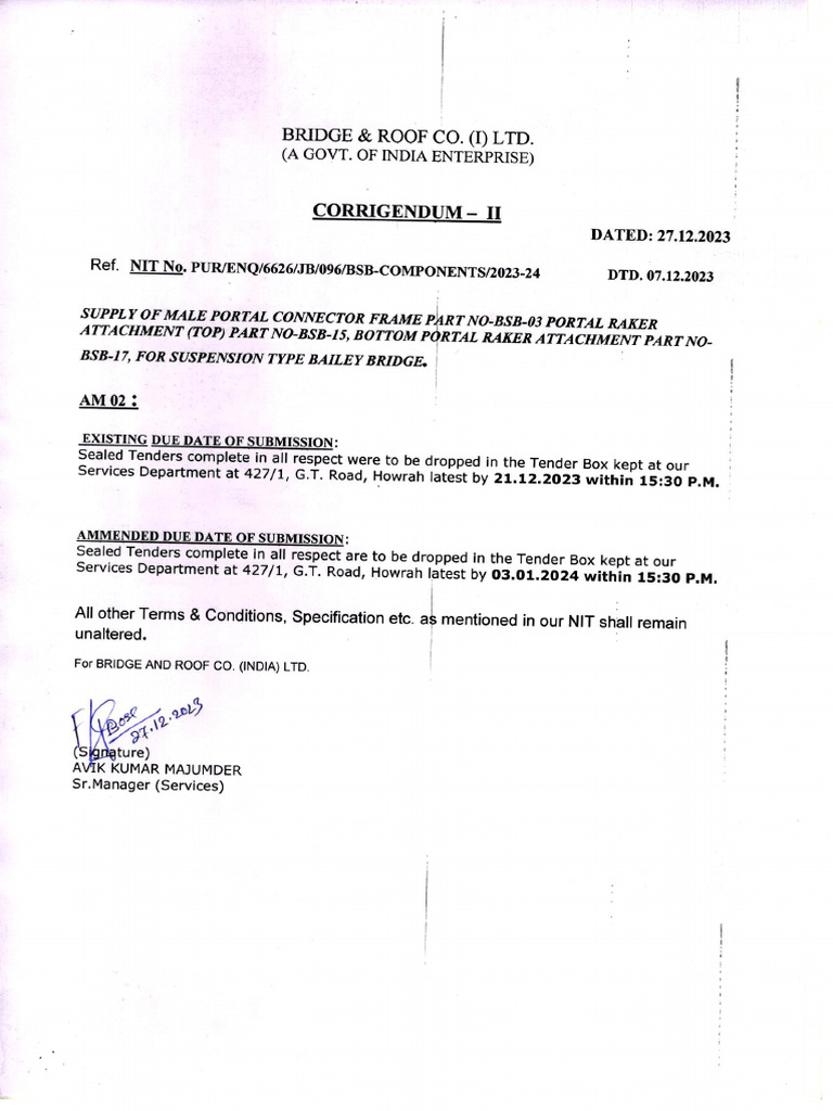 Scaned Corrigendum-II For Supply of Male Portal Connector Botto | PDF
