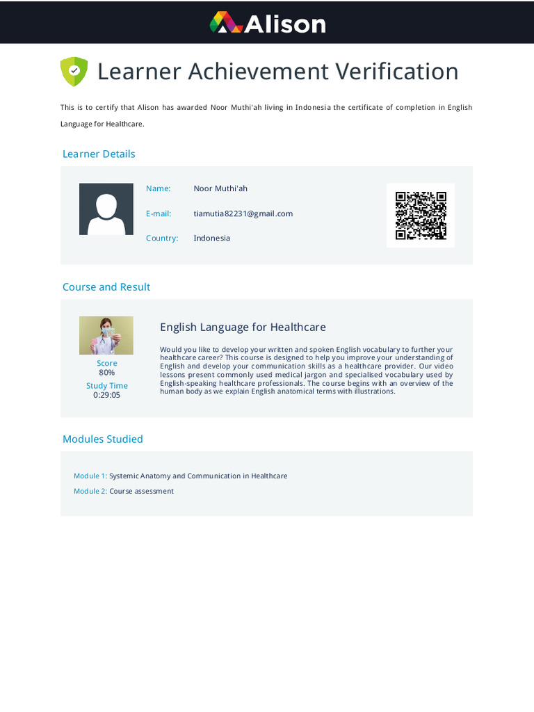 Alison's English for Healthcare Course Completion | PDF