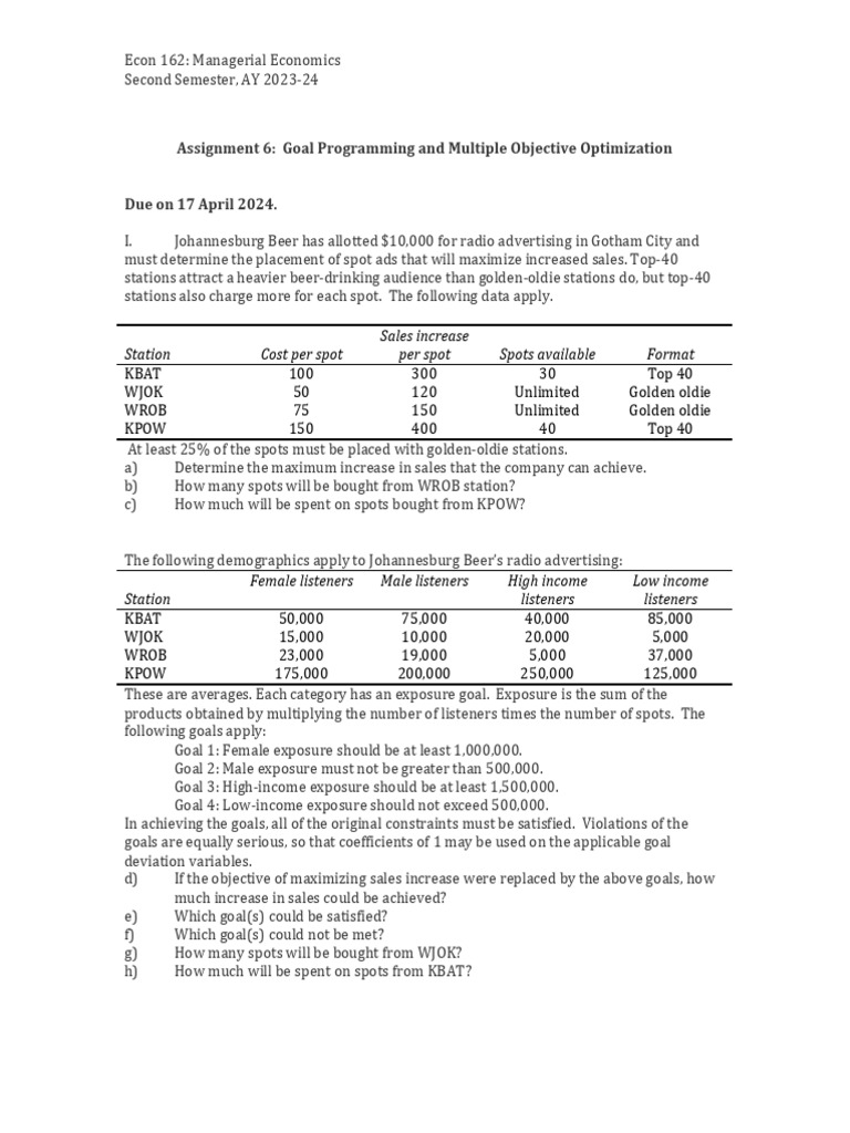 Assignment 6 Multiple Objective Optimization Pdf Coal Labour 7175