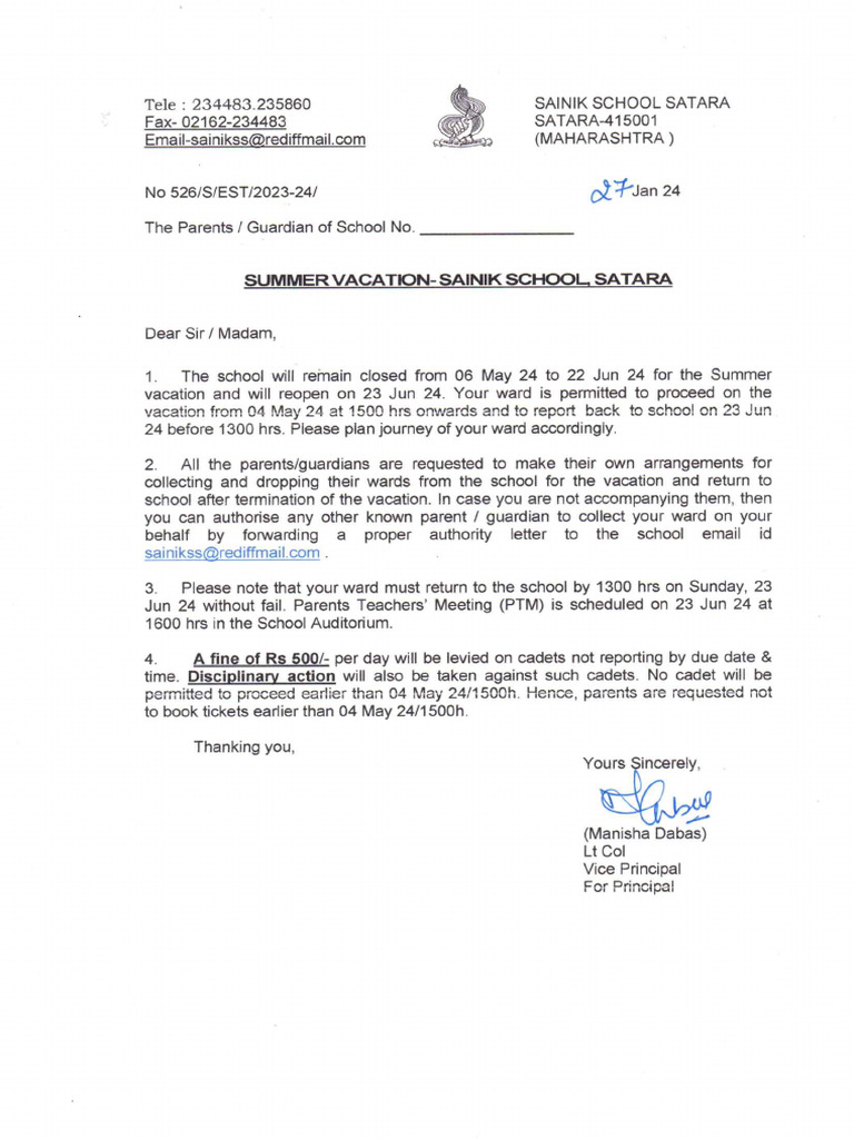 Summer Vacation Letter 2024 | PDF