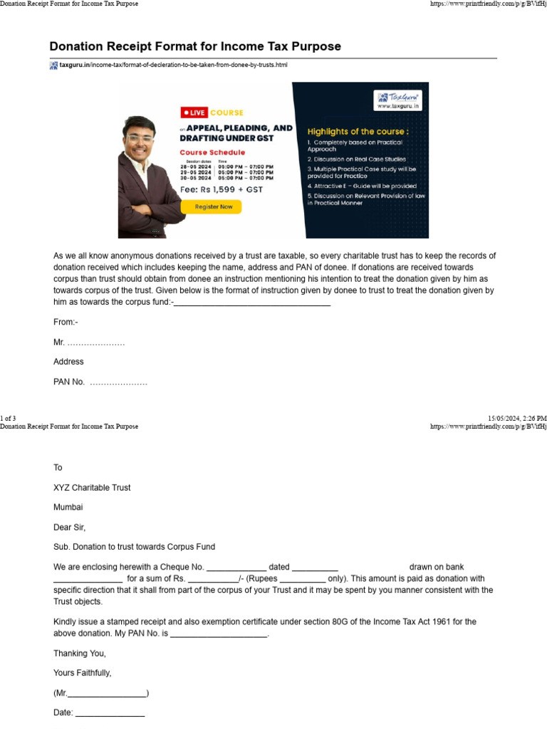 Donation Receipt Format For Income Tax Purpose | Download Free PDF ...