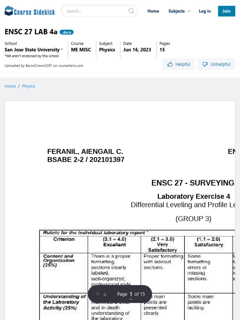 Ensc 27 Lab 4a Docx Course Sidekick Pdf Science Surveying 
