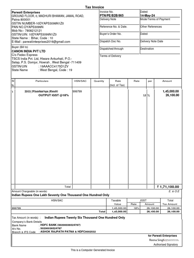 Tax Invoice for Canon India Pvt Ltd | PDF | Economy Of India | Economies