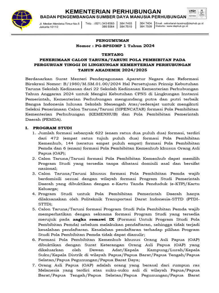 Pendaftaran Taruna/Taruni Kemenhub 2024 | PDF