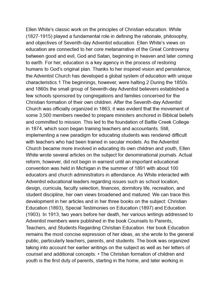 Ellen White Education Summary | PDF | Seventh Day Adventist Church | Christian Movements