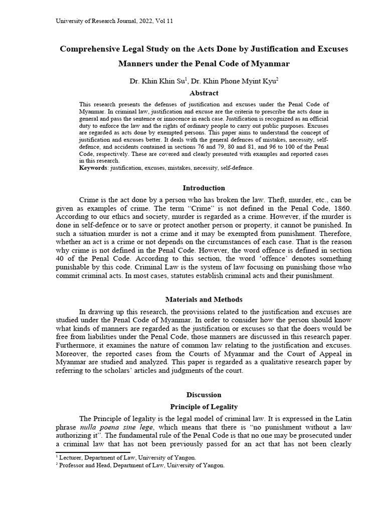Comprehensive Legal Study On The Acts Done by Justification and Excuses ...