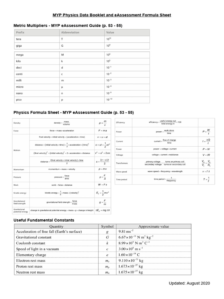 MYP Physics EAssessment Databooklet | PDF | Technology & Engineering